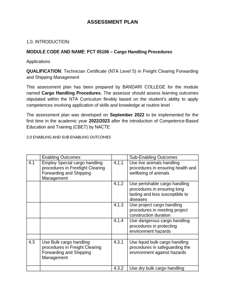 Cargo Handling Procedures - Assessment Plan | PDF | Cargo | Transport