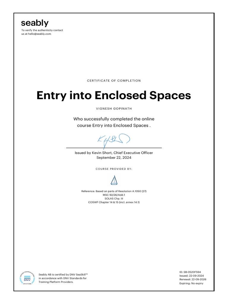 Enclosed Space Certificate | PDF