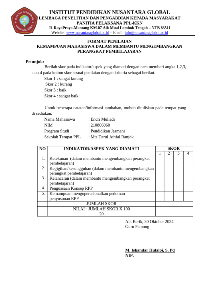 Form Penilaian Guru Pamong Dan DPL | PDF