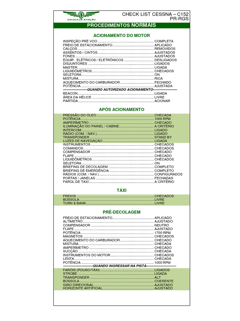 Checklist Cessna 152 Completo | PDF | Aeronave | Aviação