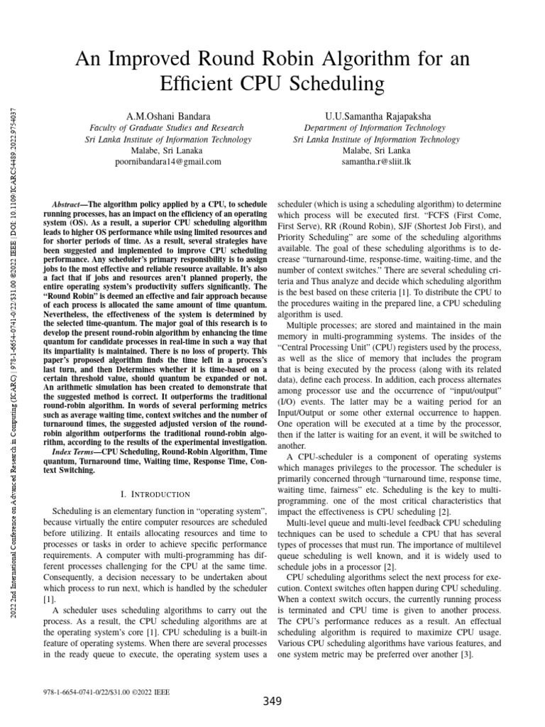 Ieee An Improved Round Robin Algorithm For An Efficient Cpu Scheduling Pdf Scheduling
