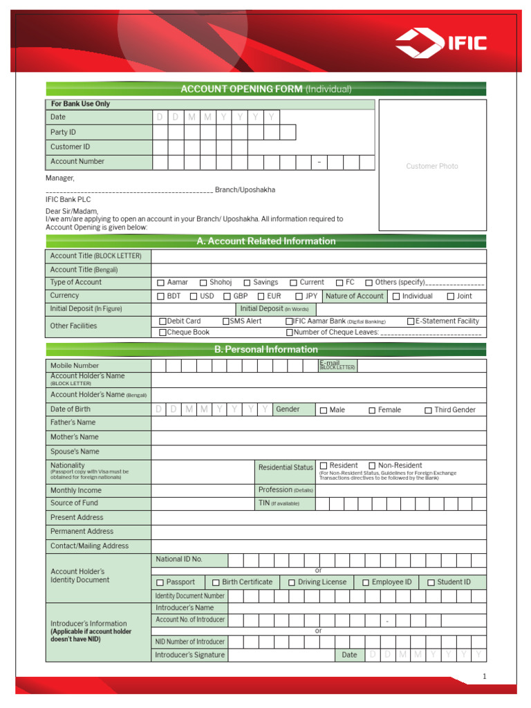 Individual Bank Account Opening Form | PDF | Identity Document | Banks