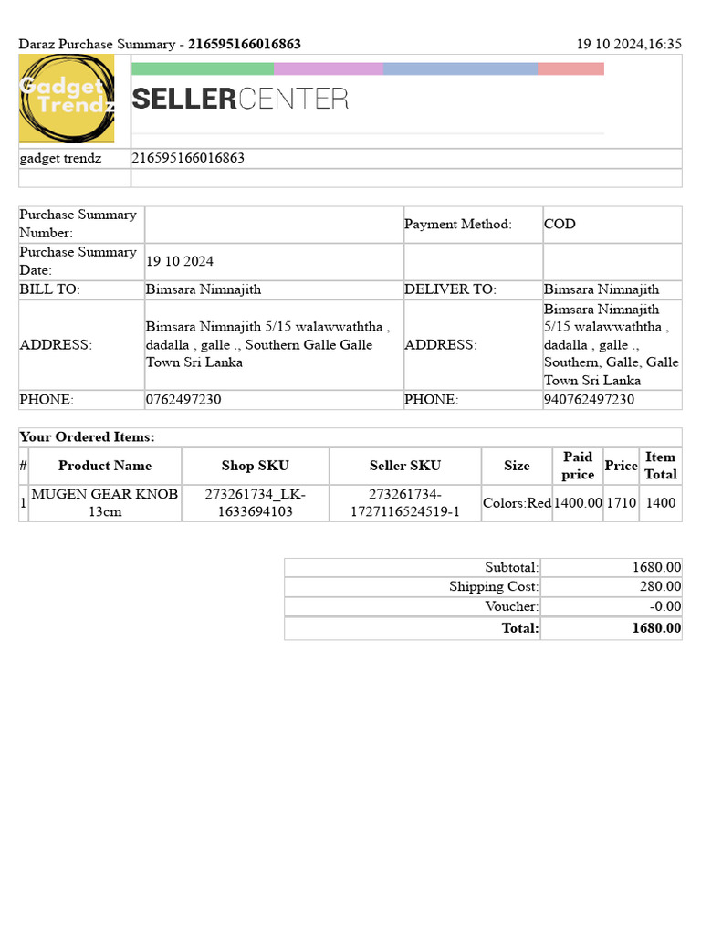 Daraz Purchase Summary for Galle Order | PDF | Marketing | Business