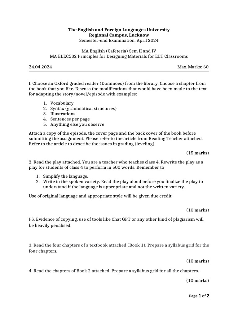 MA English Exam: ELT Material Design | PDF | Human Communication | Linguistics