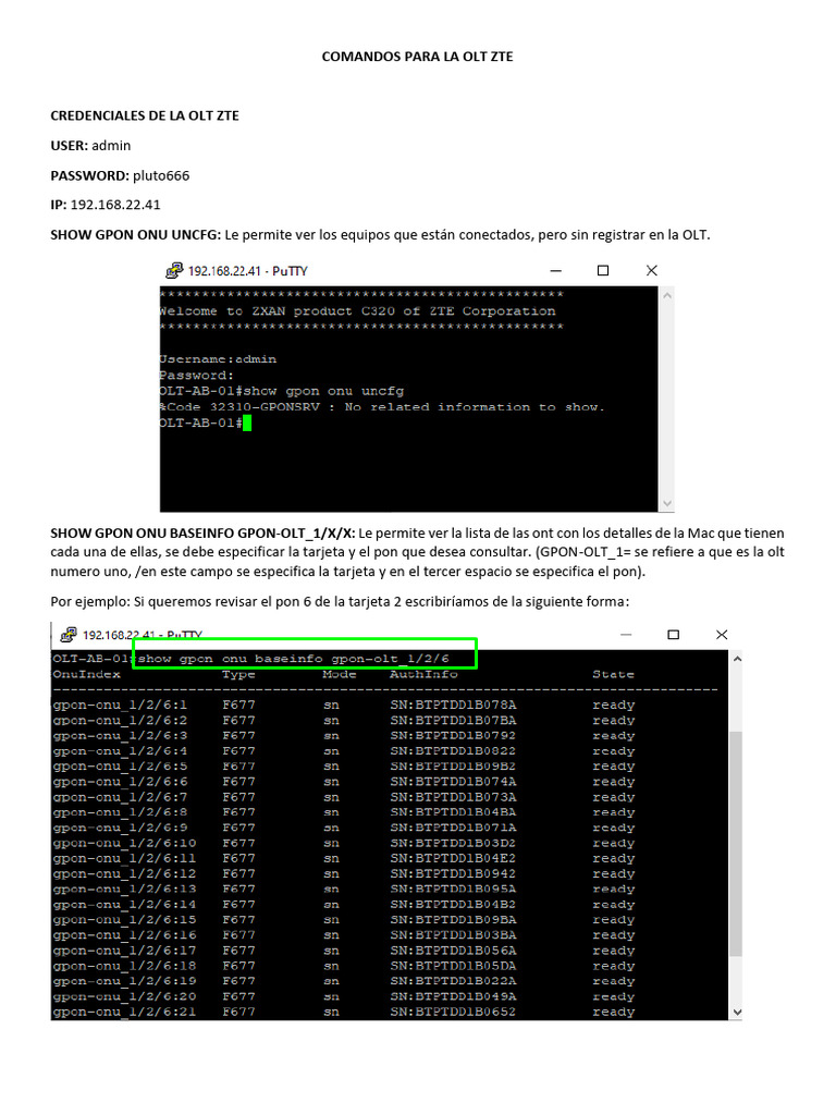 Comandos para OLT ZTE GPON | PDF | Telecomunicaciones | Protocolos de comunicaciones