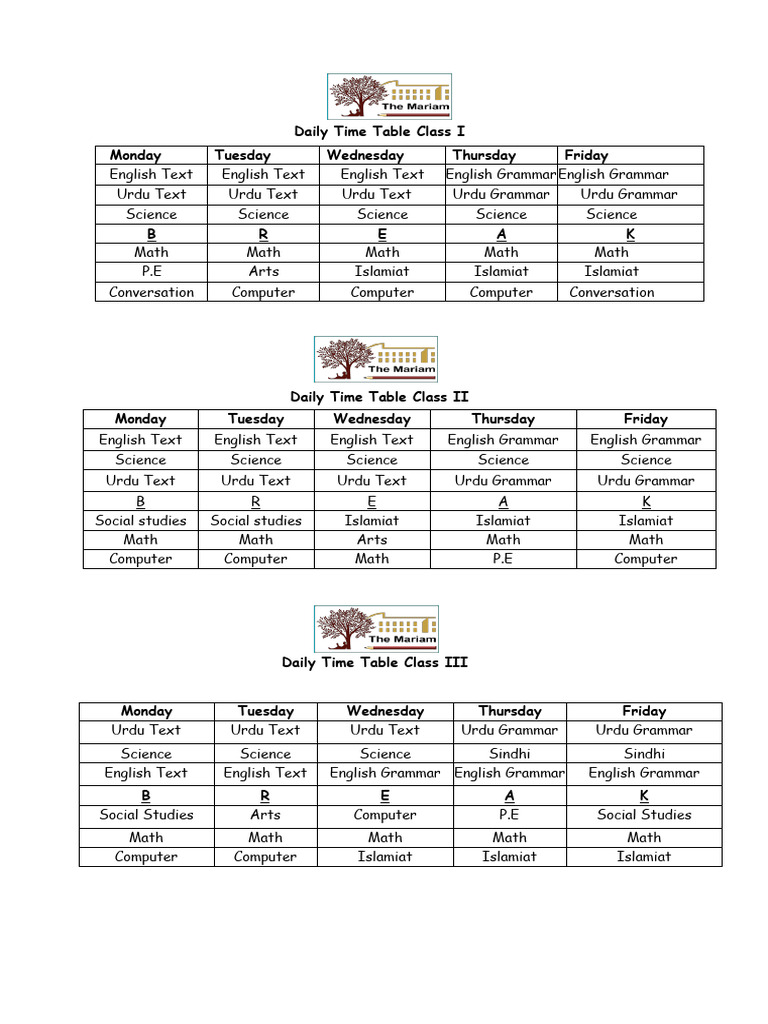 Daily Time Table Class 1 Till 8 With Teachers Name | PDF