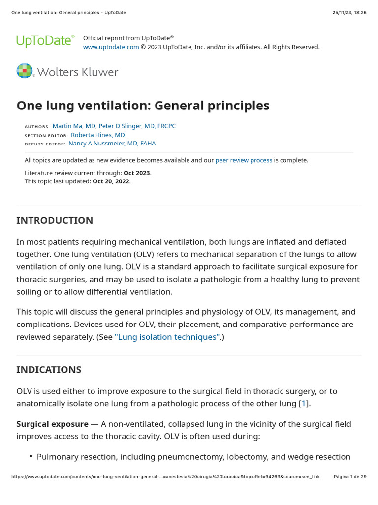One Lung Ventilation: General Principles - UpToDate | PDF | Anesthesia ...