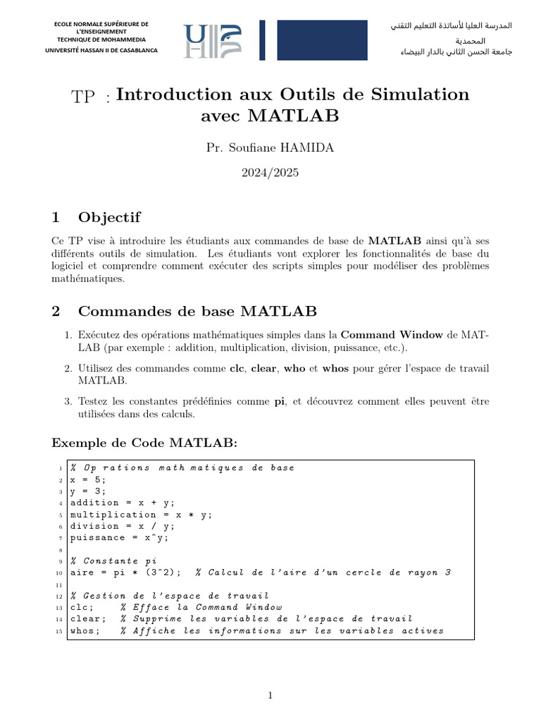 TP1 - Introduction Aux Outils de Simulation Avec MATLAB | PDF | MATLAB ...