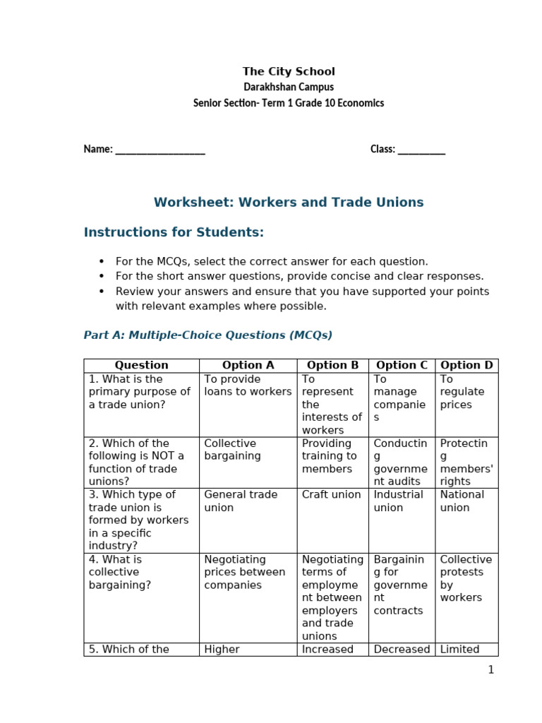 Worksheet Workers and Trade Unions Work Sheet | PDF | Trade Union ...