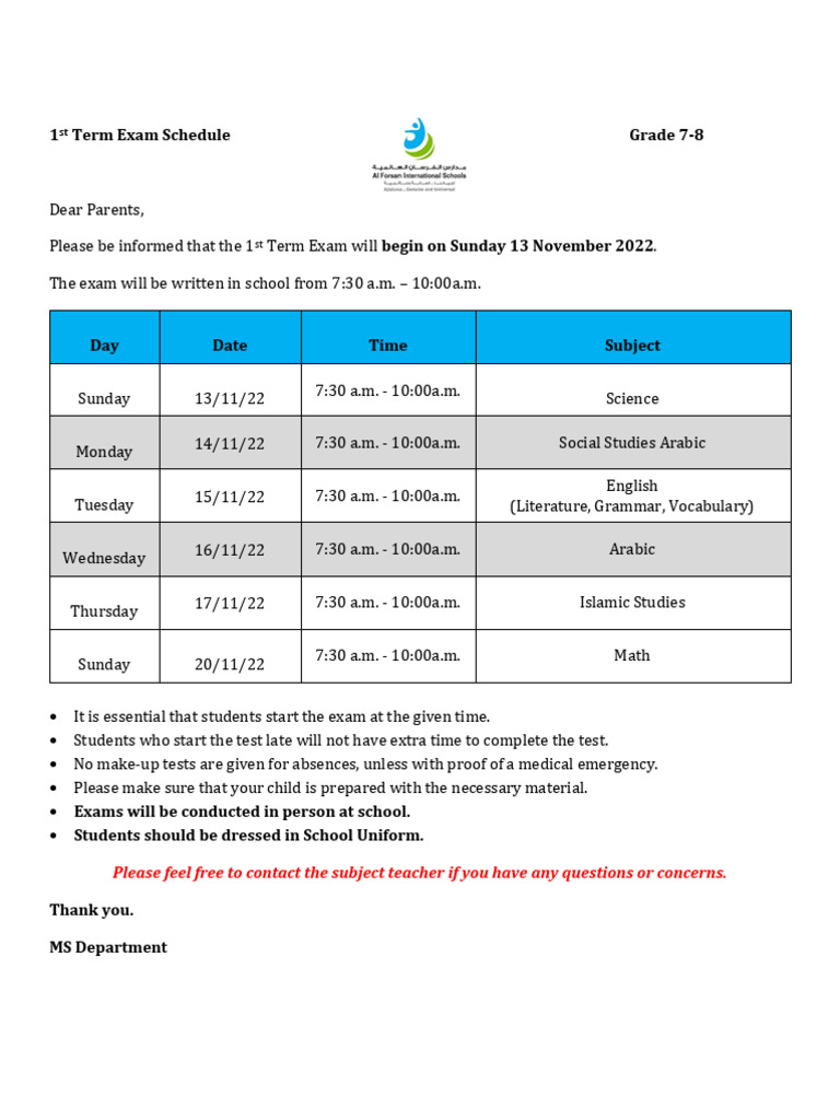 1st Term Exam Schedule 7-8 | PDF