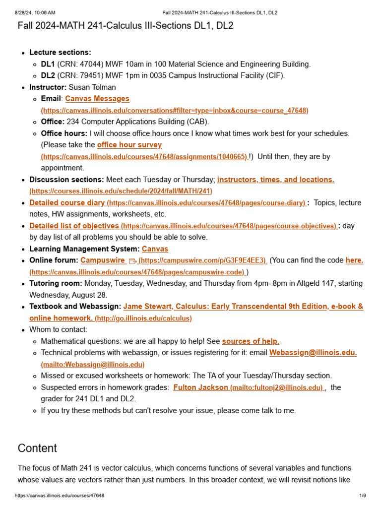 MATH 241 Syllabus FA24 | PDF | Integral | Calculus