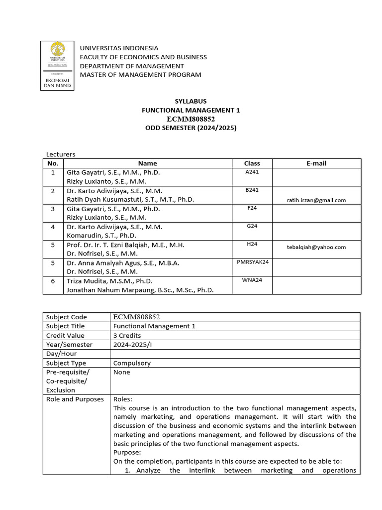 Syllabus Functional Management 1 - Odd Sem - 24-25 | PDF | Lean Manufacturing | Critical Thinking