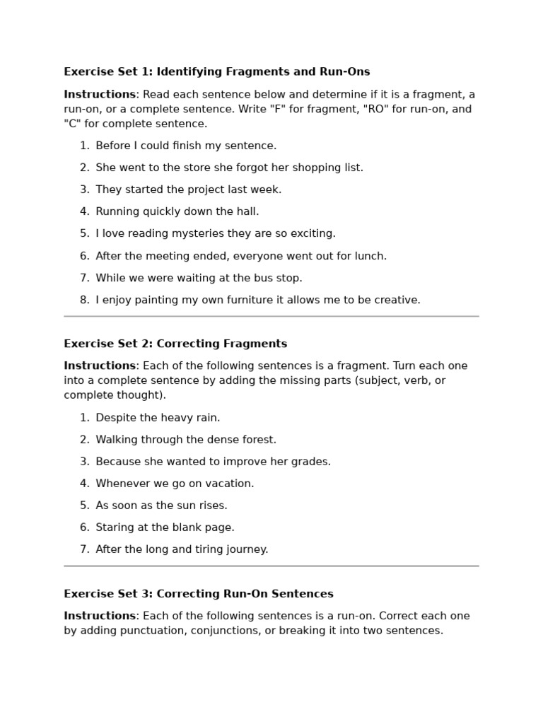 Fragments and Run-Ons Practice Exercises | PDF
