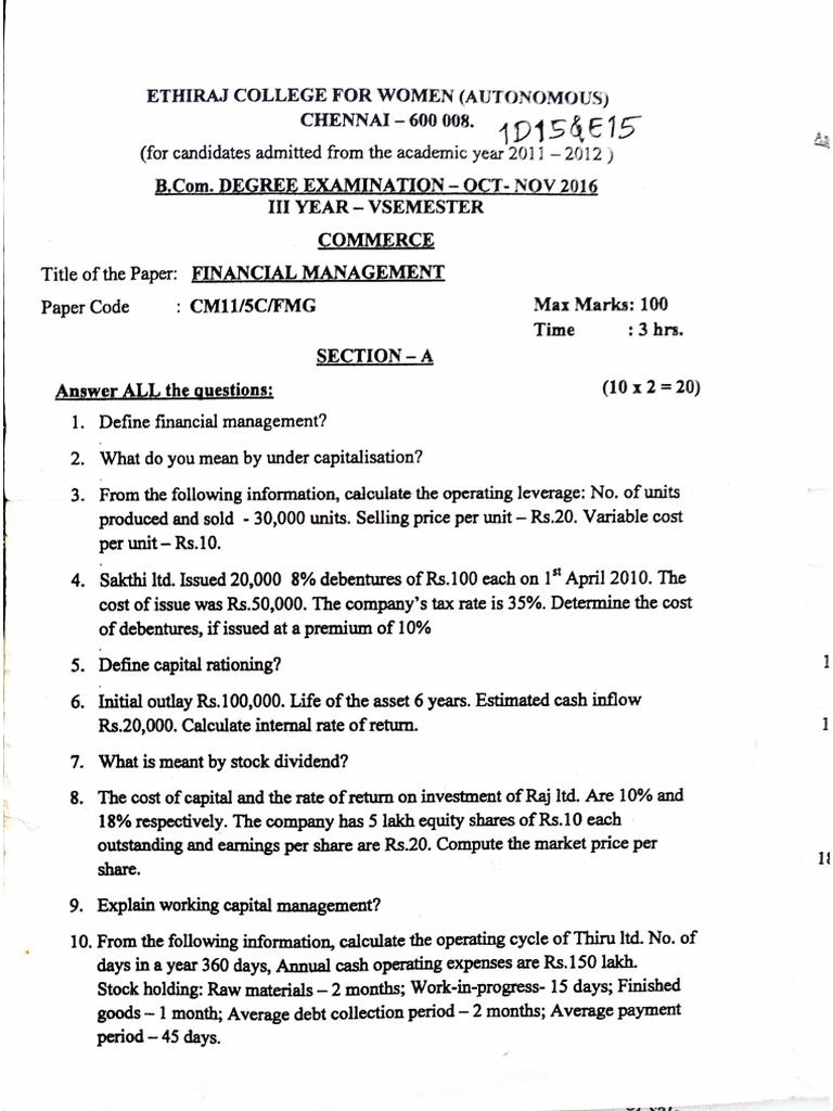 Financial Management Previous Years Question Papers | PDF