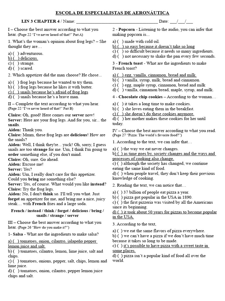 Gabarito - Lin 3 Chapter 4 Extra Practice | PDF | Pizza | Foods