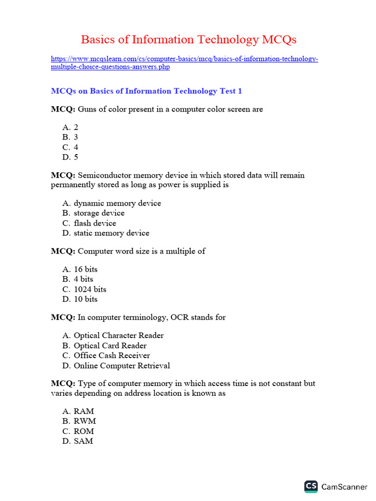 Basics of Information Technology MCQ Questions | PDF | Computer Data ...