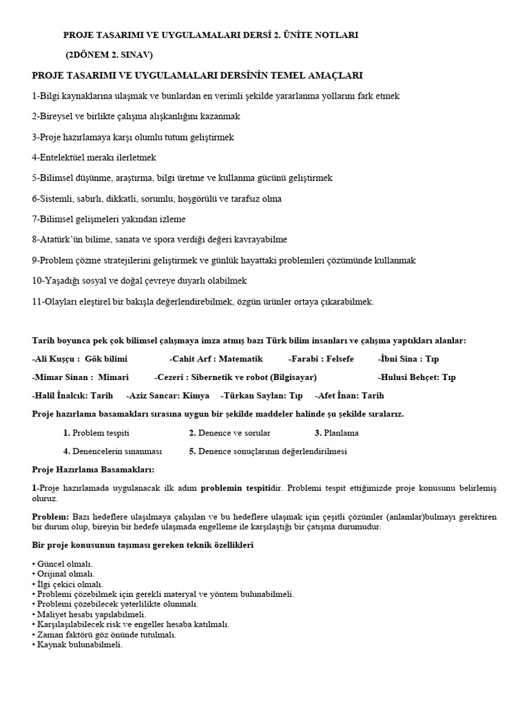 Proje Tas. Dersi 2. DÖNEM 2.SINAV Için Ders Notu | PDF
