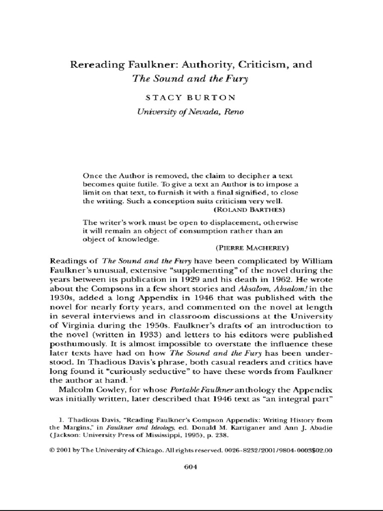 Rereading Faulkner Authority, Criticism, and "The Sound and The Fury" | PDF