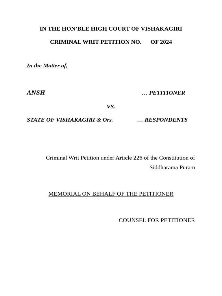 Moot-Ansh Side Petioner-10.10.2024 FINAL For PRINT | PDF | Bail | Arrest