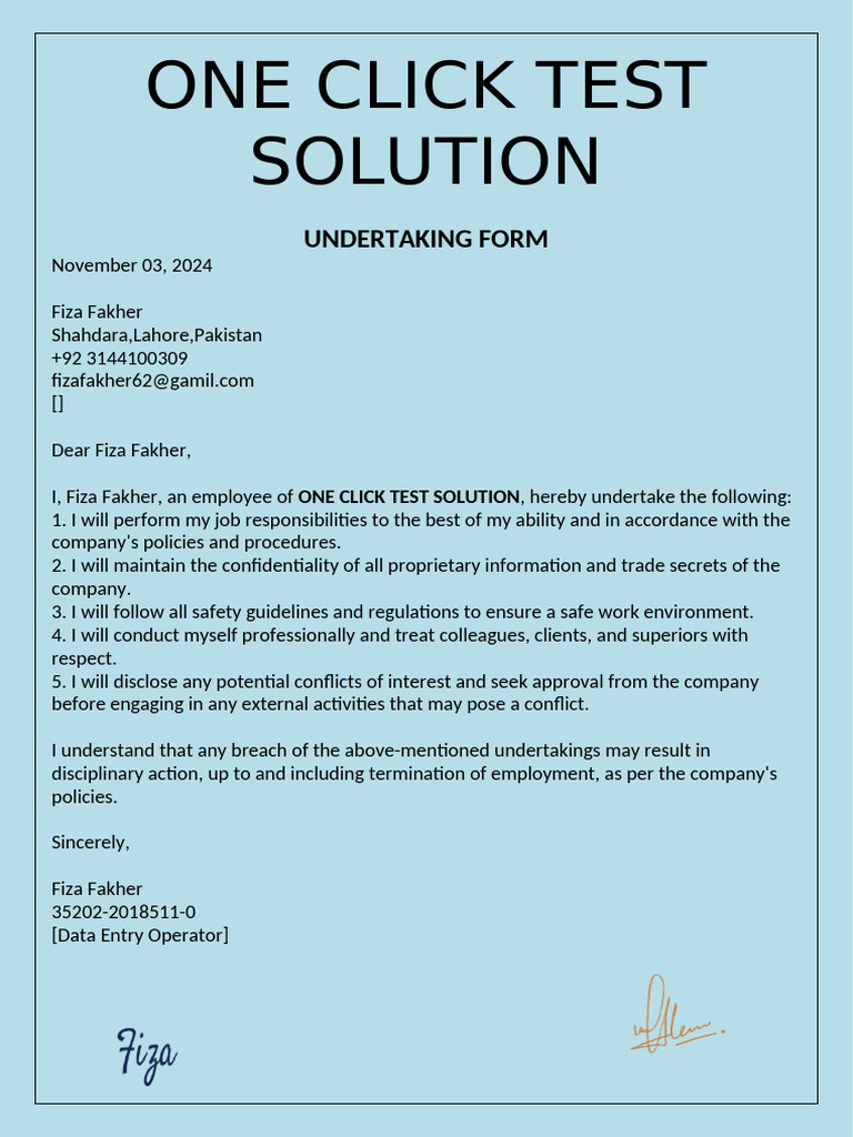 One Click Test Solution - Employee Undertaking-Letter | PDF