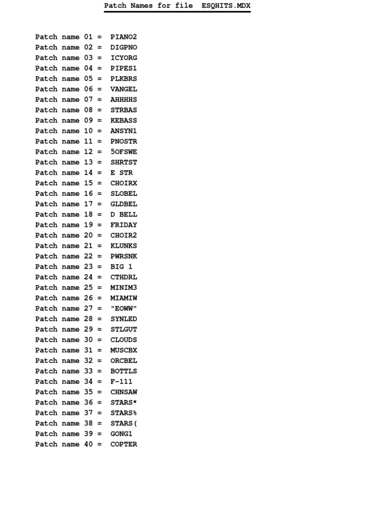 ESQHITS.MDX Patch Names List | PDF