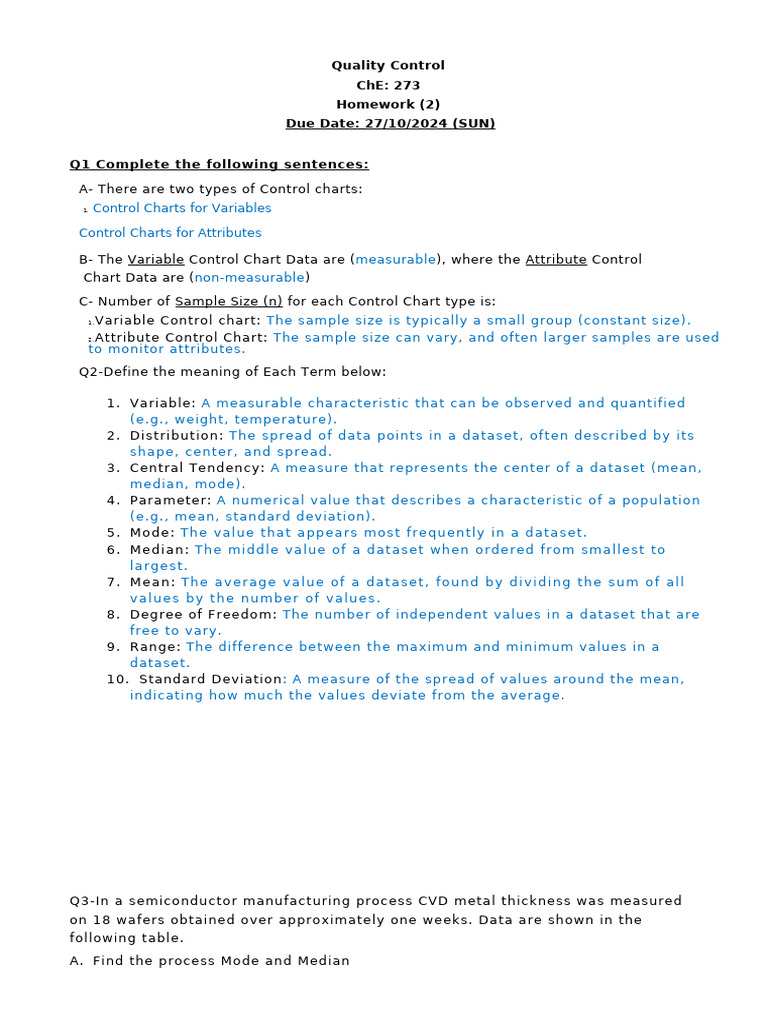 Quality Control Che: 273 Homework (2) Due Date: 27/10/2024 (Sun) Q1 Complete The Following ...