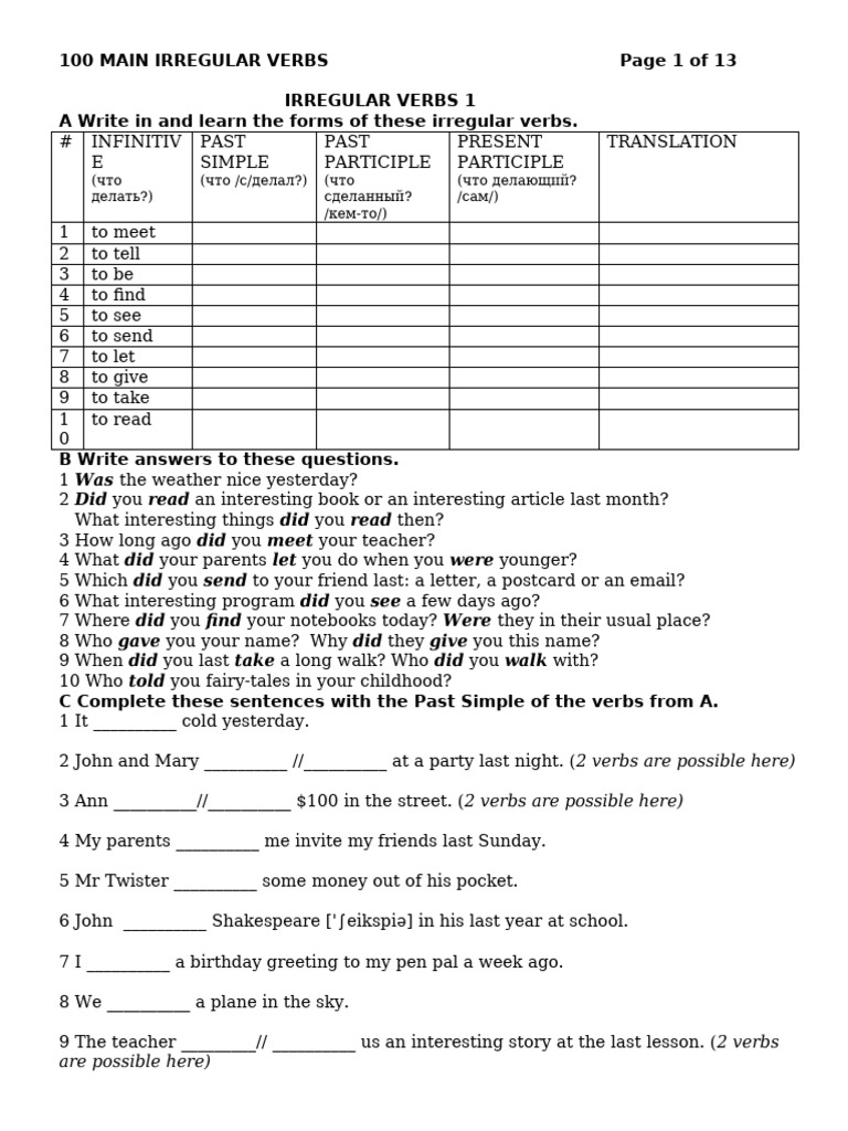 Task 100 Main Irregular Verbs | PDF | Perfect (Grammar) | Verb