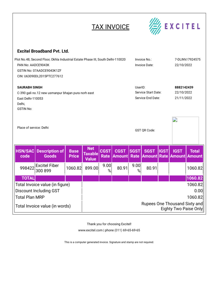Excitel Broadband Tax Invoice Details | PDF | Governance | Public Finance