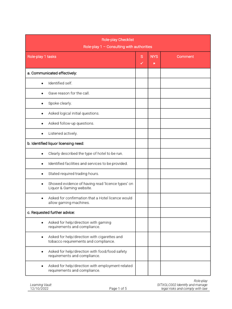 SITXGLC002 Role-Play Checklist | PDF | Policy | Regulatory Compliance