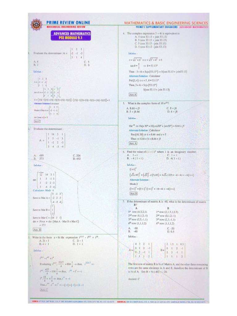 Answer Key (Advance Math) 100 Questions | PDF