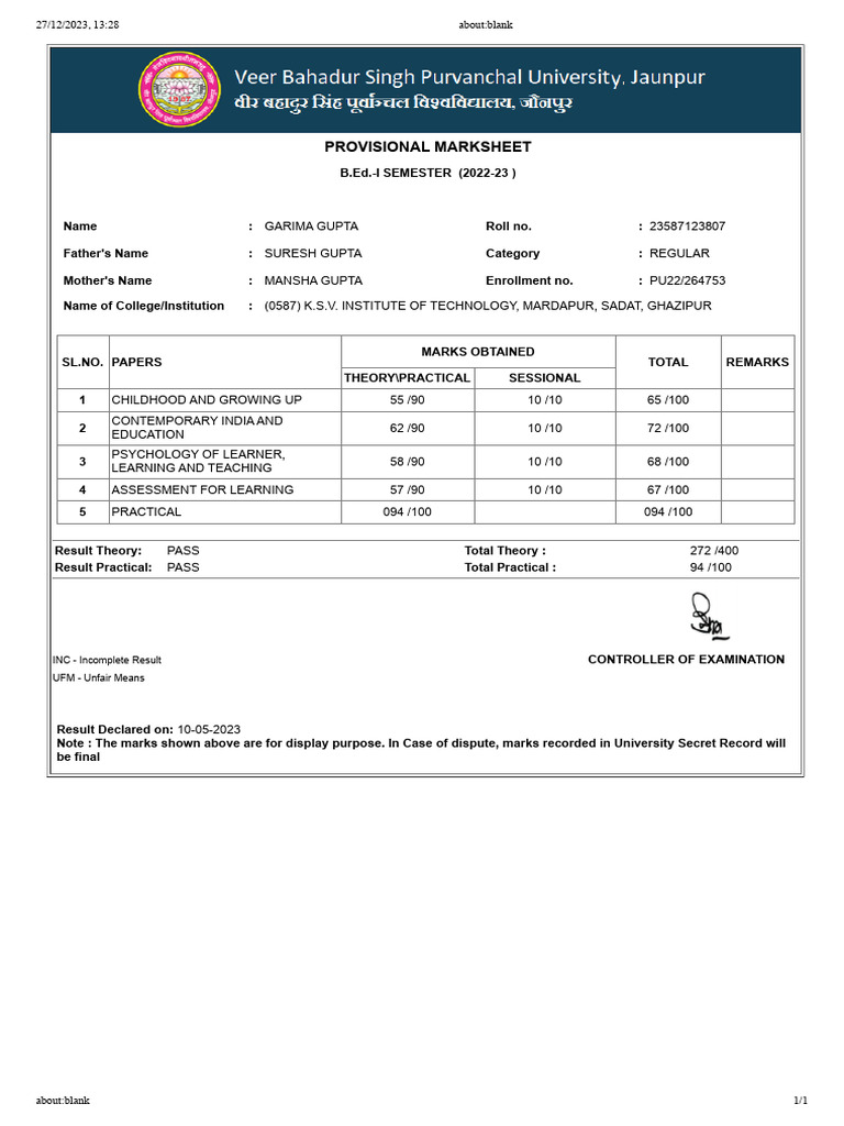 1st Sem Result B.ed | PDF
