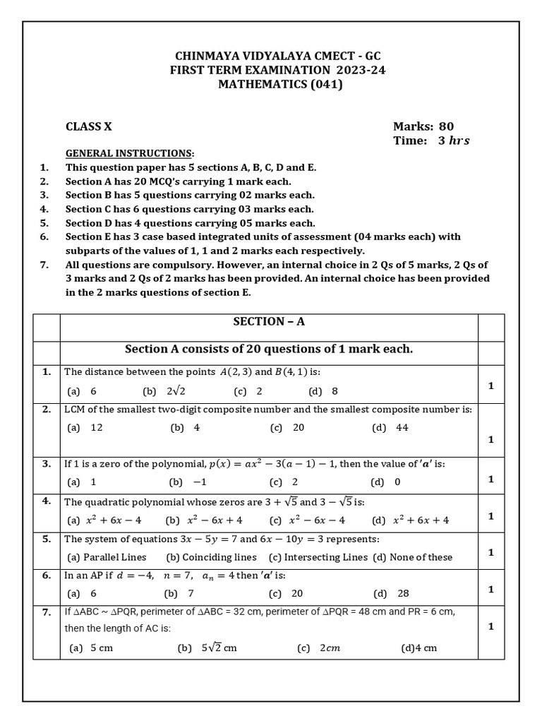 FINAL QP CLASS X | PDF | Zero Of A Function | Euclidean Geometry