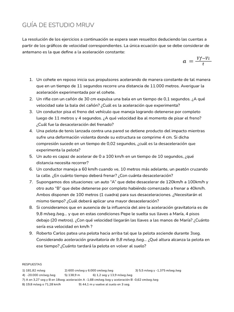 Guía de Estudio Mruv | PDF | Mecanica clasica | Movimiento (física)