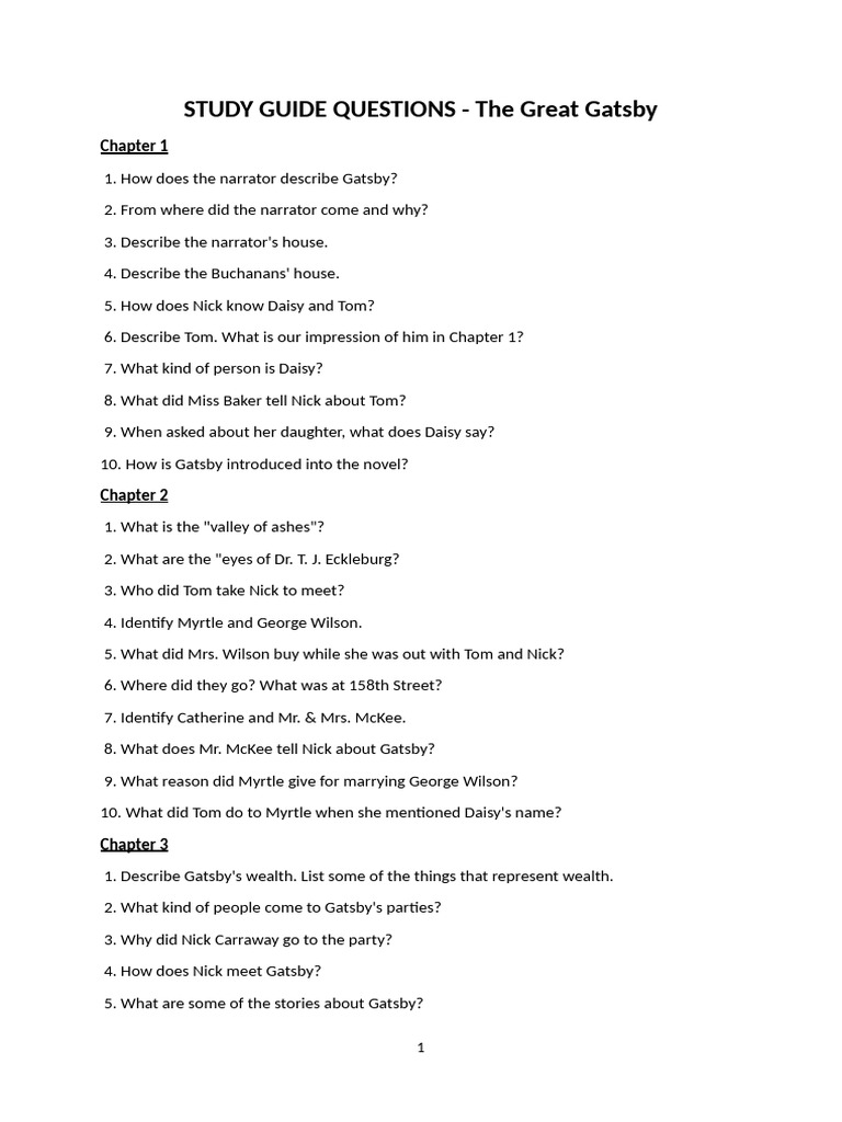 The Great Gatsby Study Guide Questions | PDF | The Great Gatsby