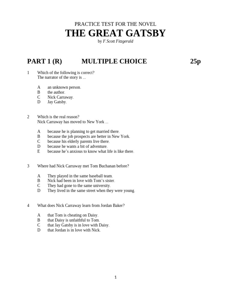 The Great Gatsby - PRACTICE TEST (A) | PDF | The Great Gatsby