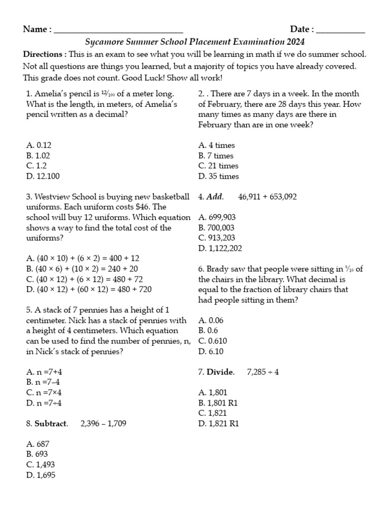 Grade 4 Final Exam Placement | PDF | Mathematics