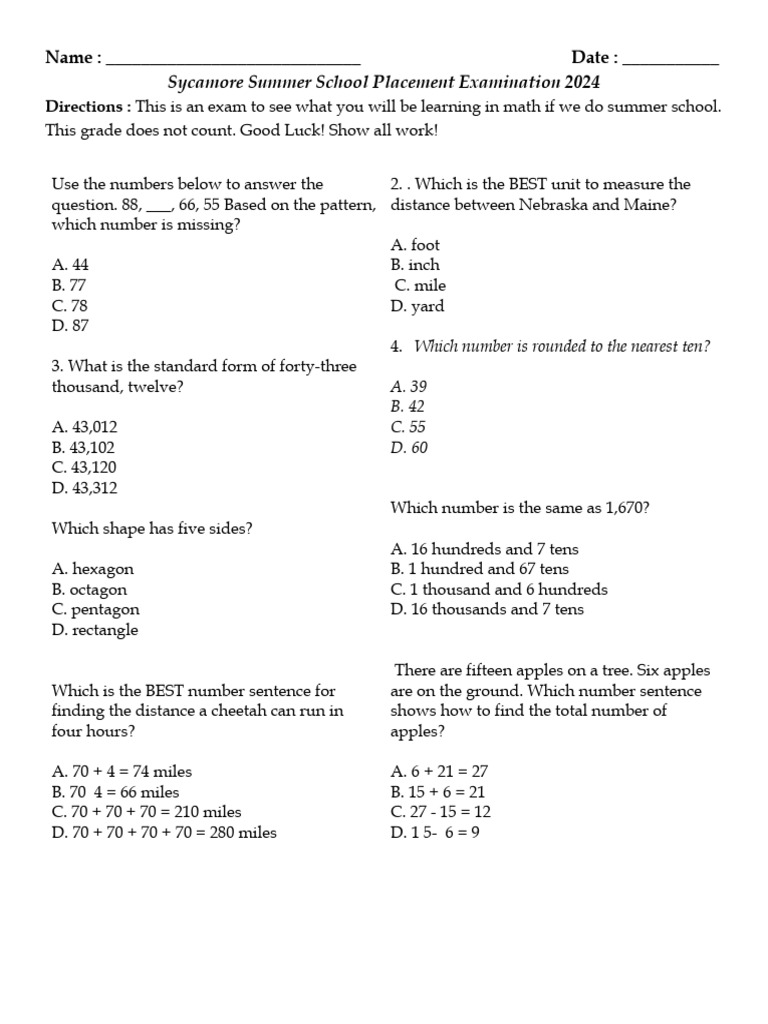 Grade 2 Math Placement Exam 2024 | PDF