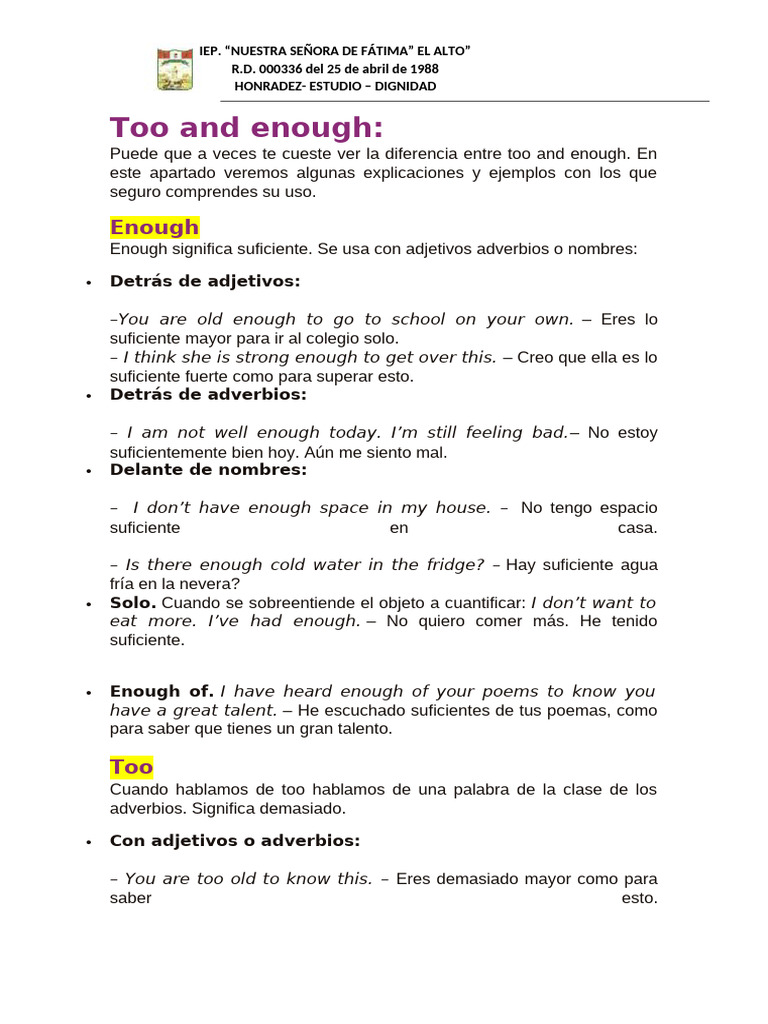 Too and Enough Fifth Grade Students | PDF | Grabación de sonido | Música grabada