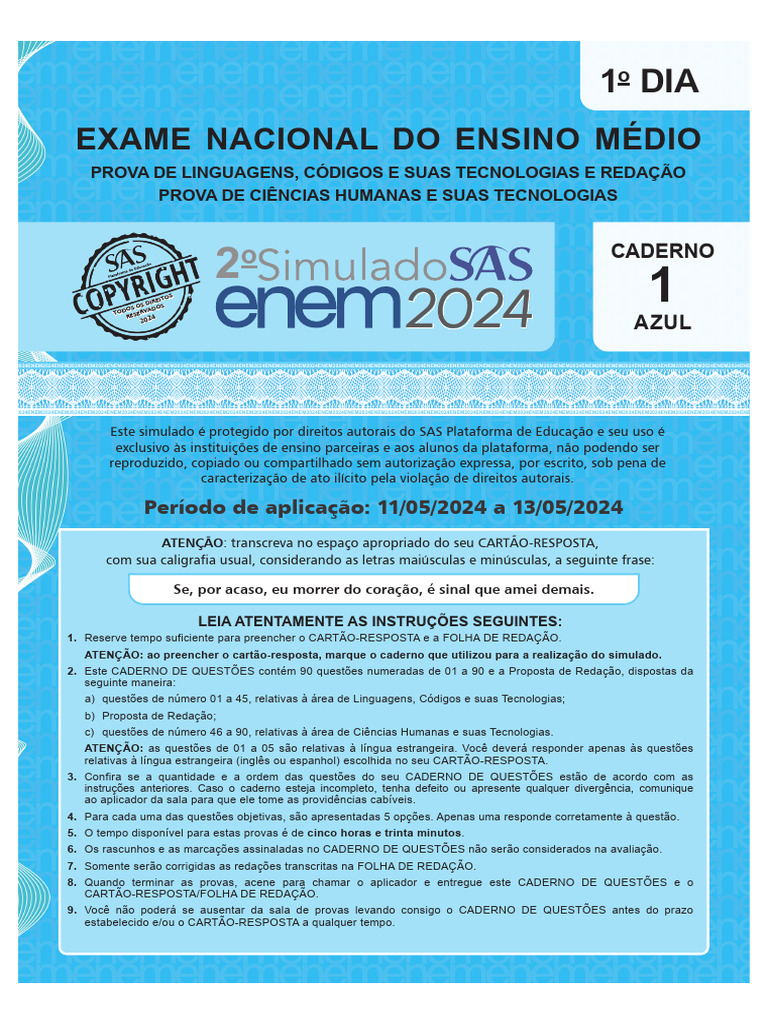 Exame Nacional Do Ensino Médio: Período de Aplicação: 11/05/2024 A 13 ...