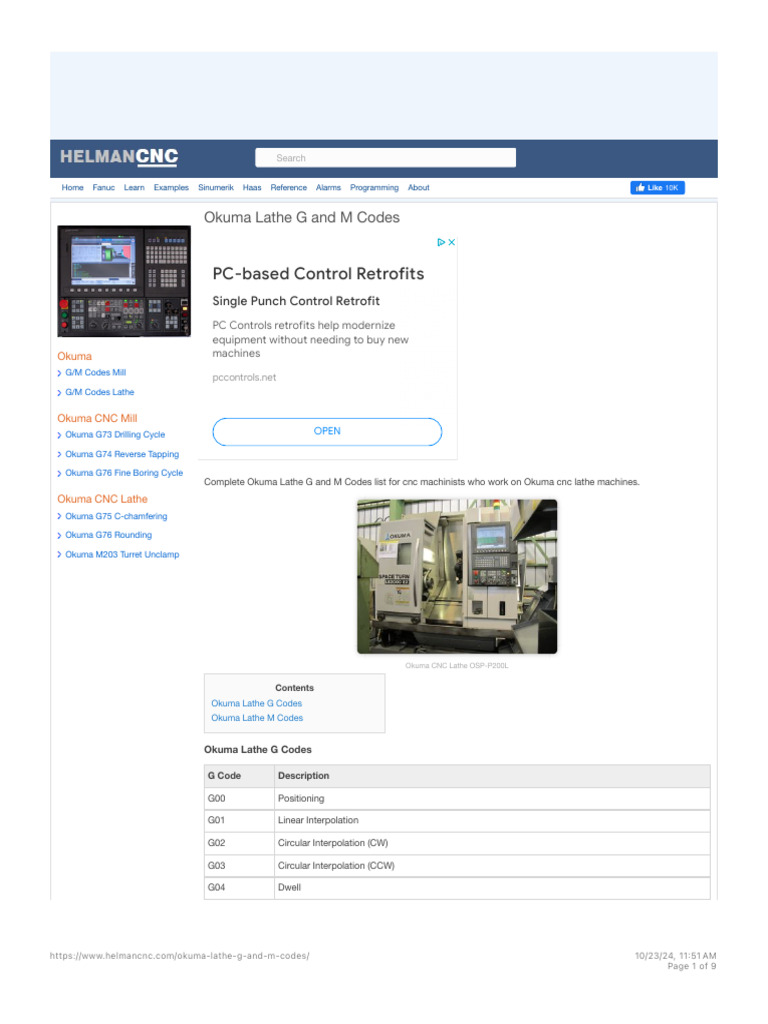 Okuma Lathe G and M Codes - Helman CNC | PDF | Numerical Control | Machining
