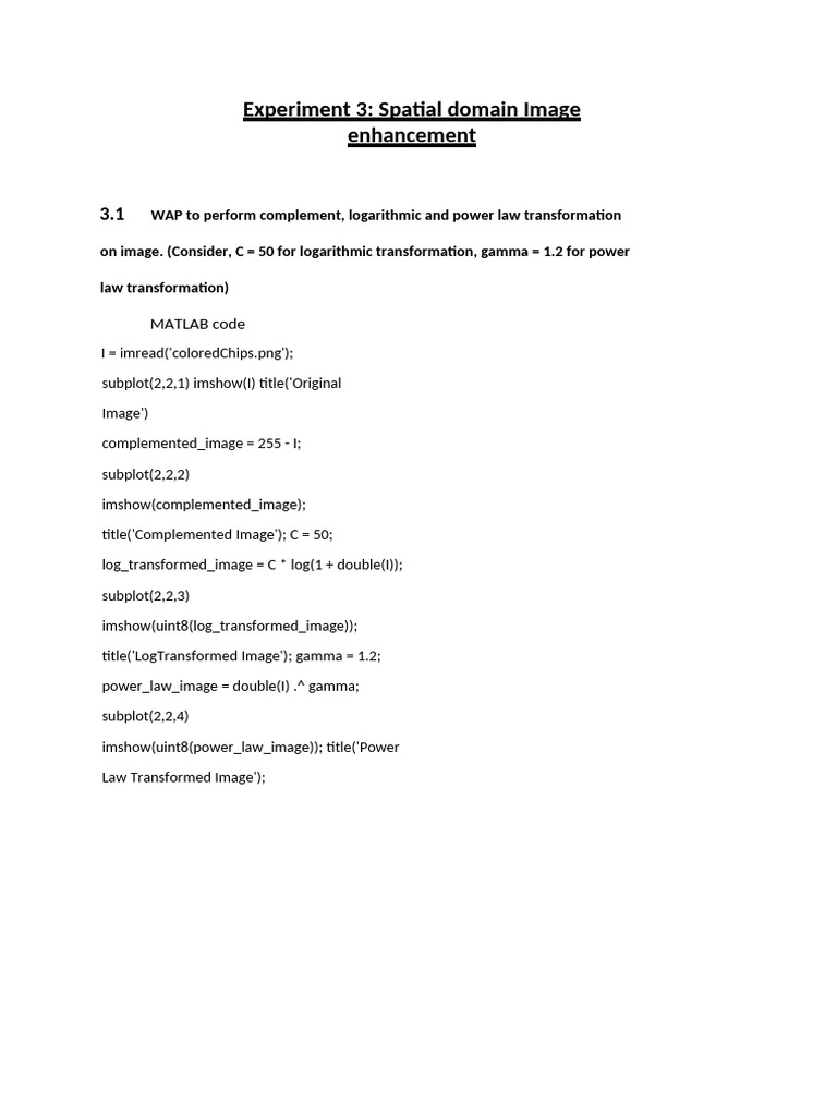 Experiment 3: Spatial Domain Image Enhancement: MATLAB Code | PDF | Digital Signal Processing ...