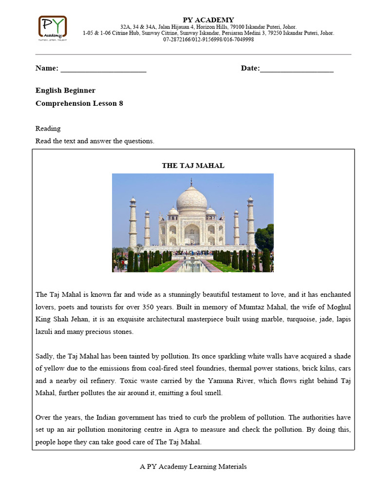 Lesson 8 Taj Mahal - Teacher's | PDF | Environmental Issues | Pollution