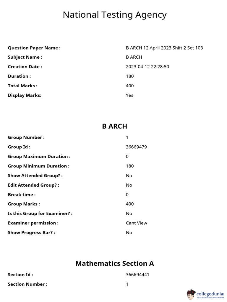 JEE Main 2023 Question Paper April 12 Shift 2 BArch | PDF | Multiple ...