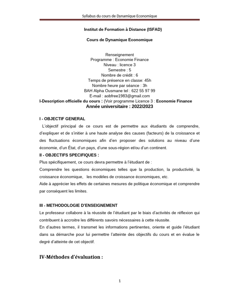 Plans Cours Dynamique Economique | PDF | Programme | Économie