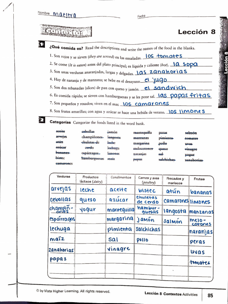 Answer Key Food Vocab | PDF