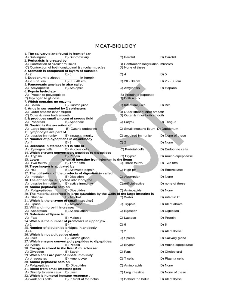 MCAT Biology: Digestive System Quiz | PDF | Digestion | Stomach