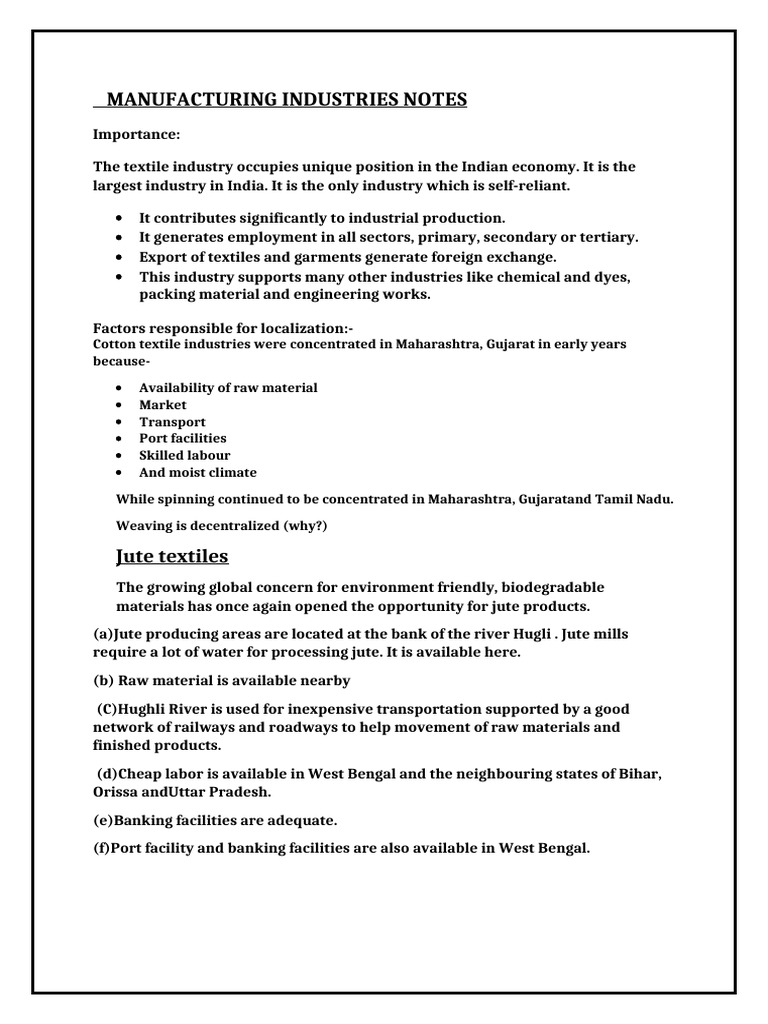 manufacturing ind. notes | PDF | Textile Industry | Jute