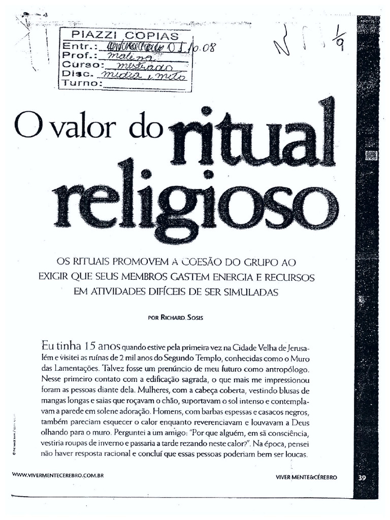 Richard Sosis - O Valor Adaptativo Do Ritual Religioso | PDF