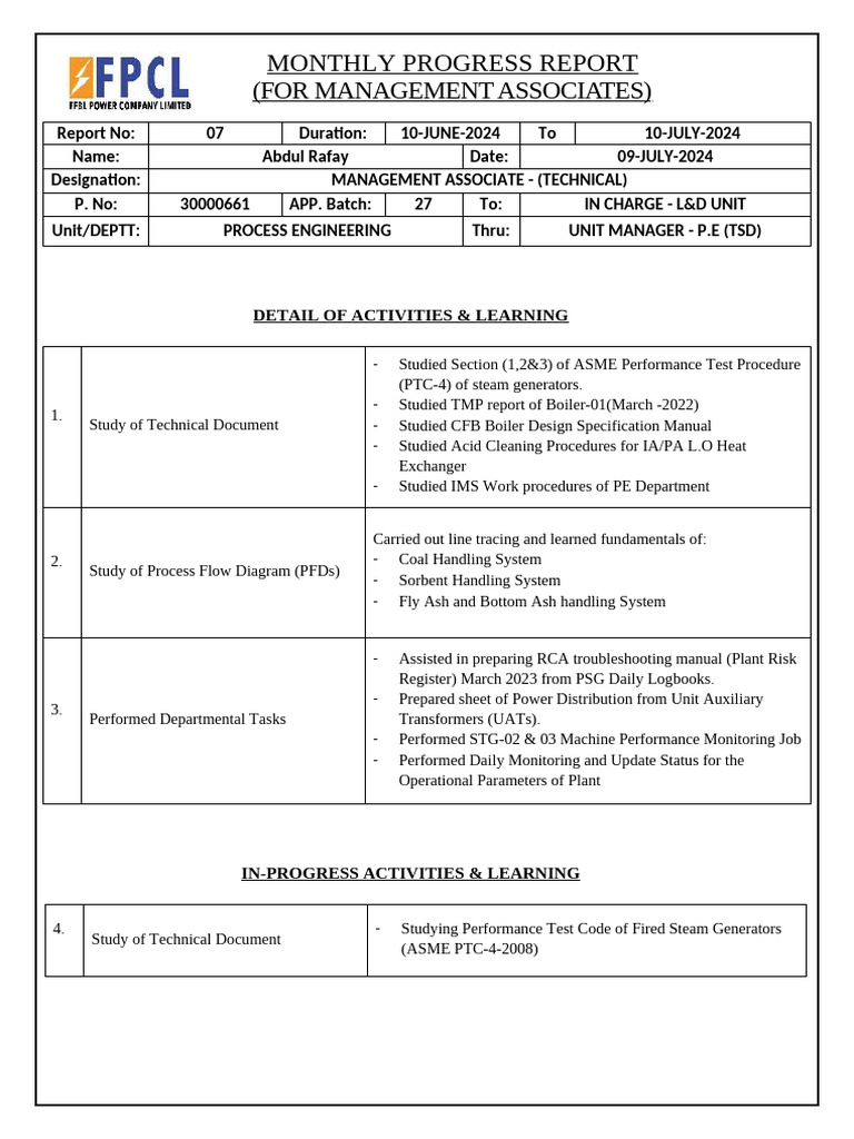 Monthly Progress Report-1 (Abdul Rafay) | PDF | Boiler | Energy Technology