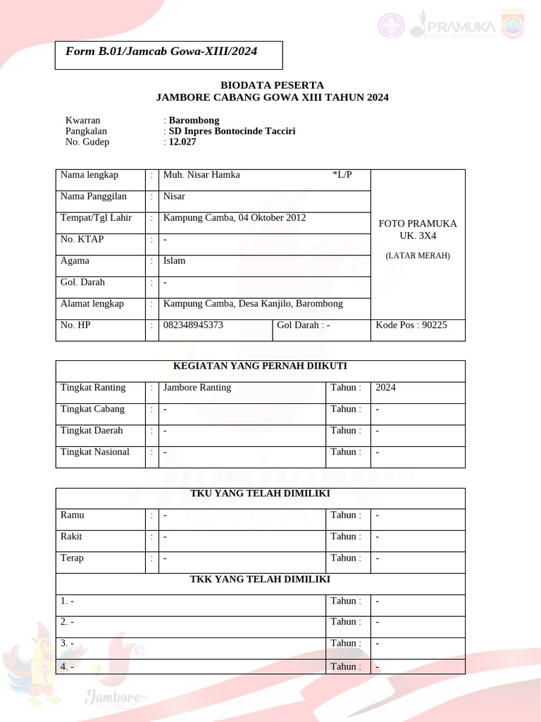 Form Biodata Jamcab Gowa Xiii | PDF